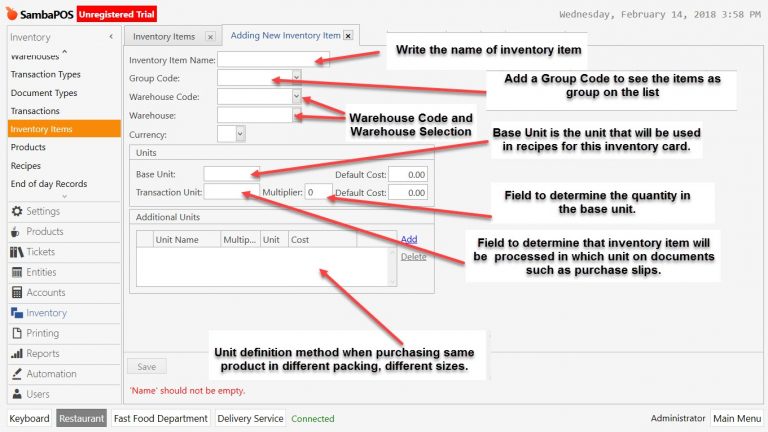 2.3.15.a. How to Add Inventory Item? – SambaPOS Knowledgebase