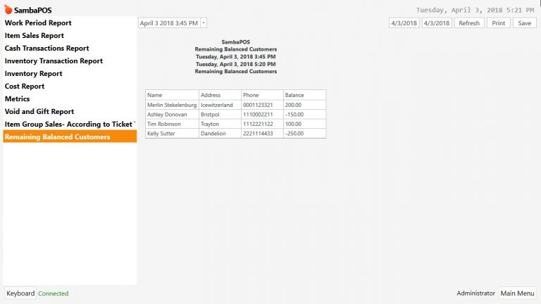 9.8.1. Remaining Balanced Customers Report – SambaPOS Knowledgebase