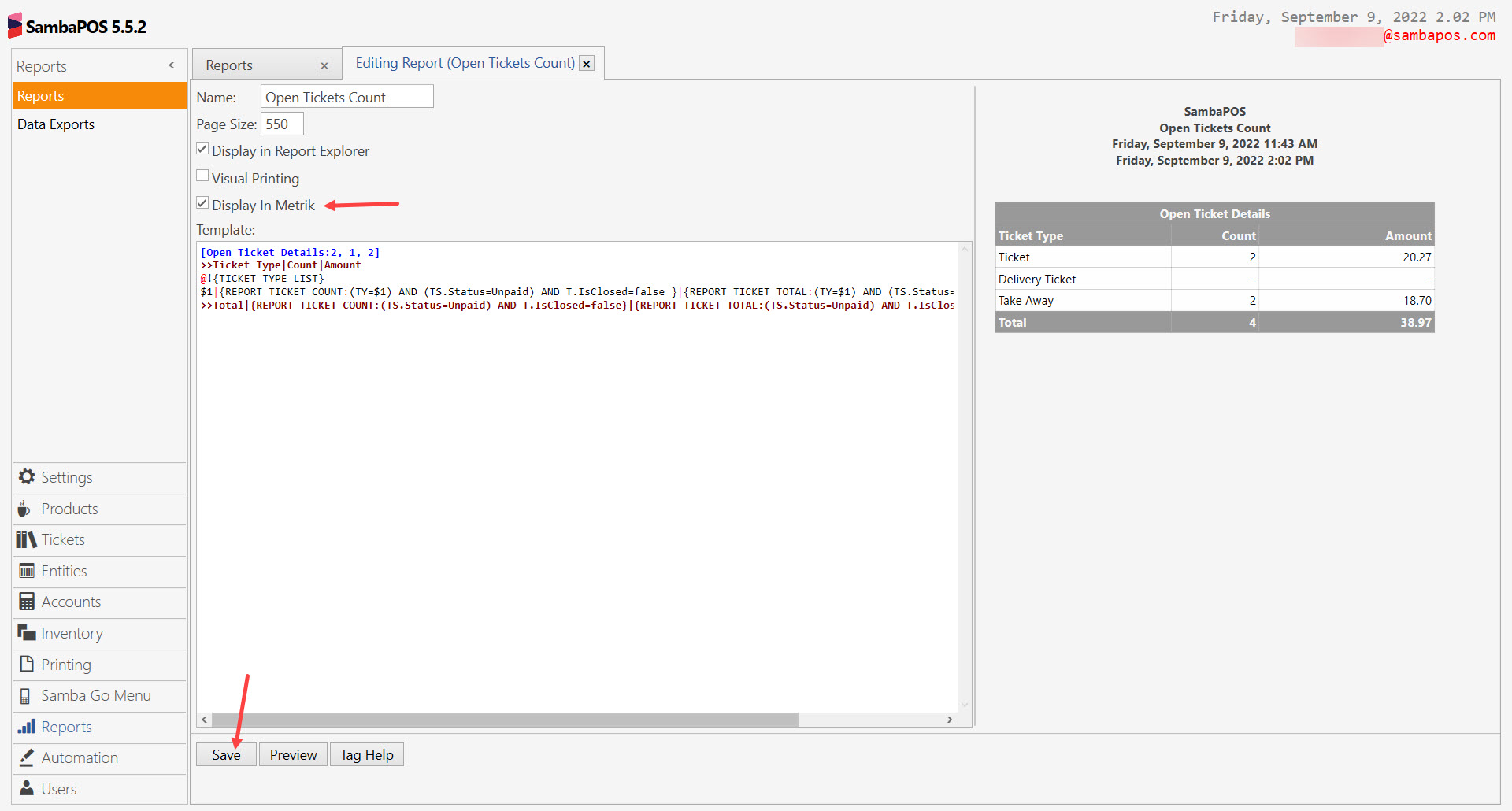9.5. How to Create Open Tickets Report for SambaPOS Metrik V2 ...